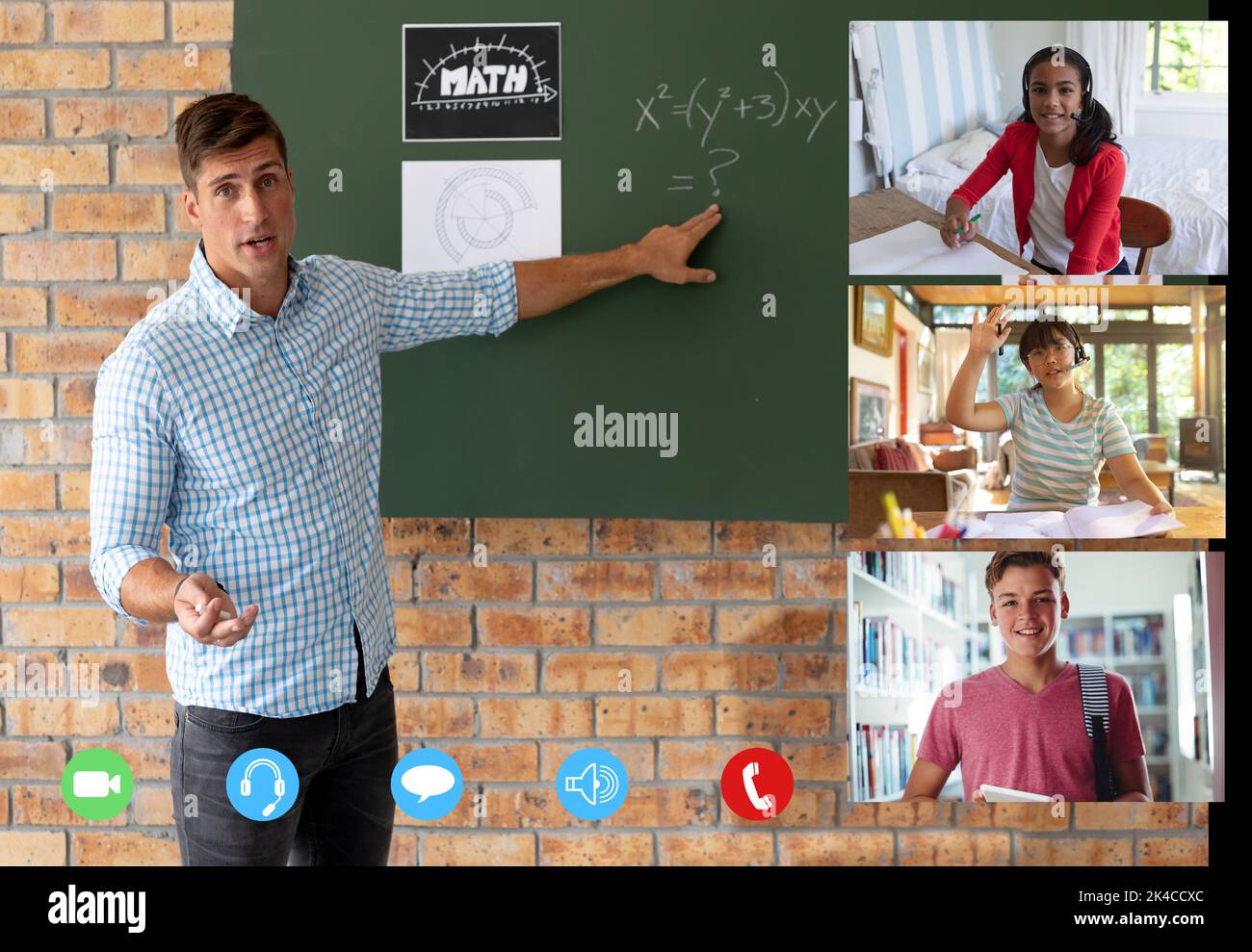 Video call interface with caucasian male teacher and schoolchildren on ...