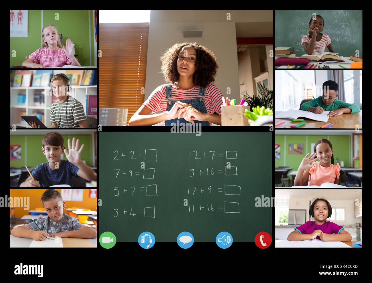 Video call interface with diverse female teacher and schoolchildren on ...
