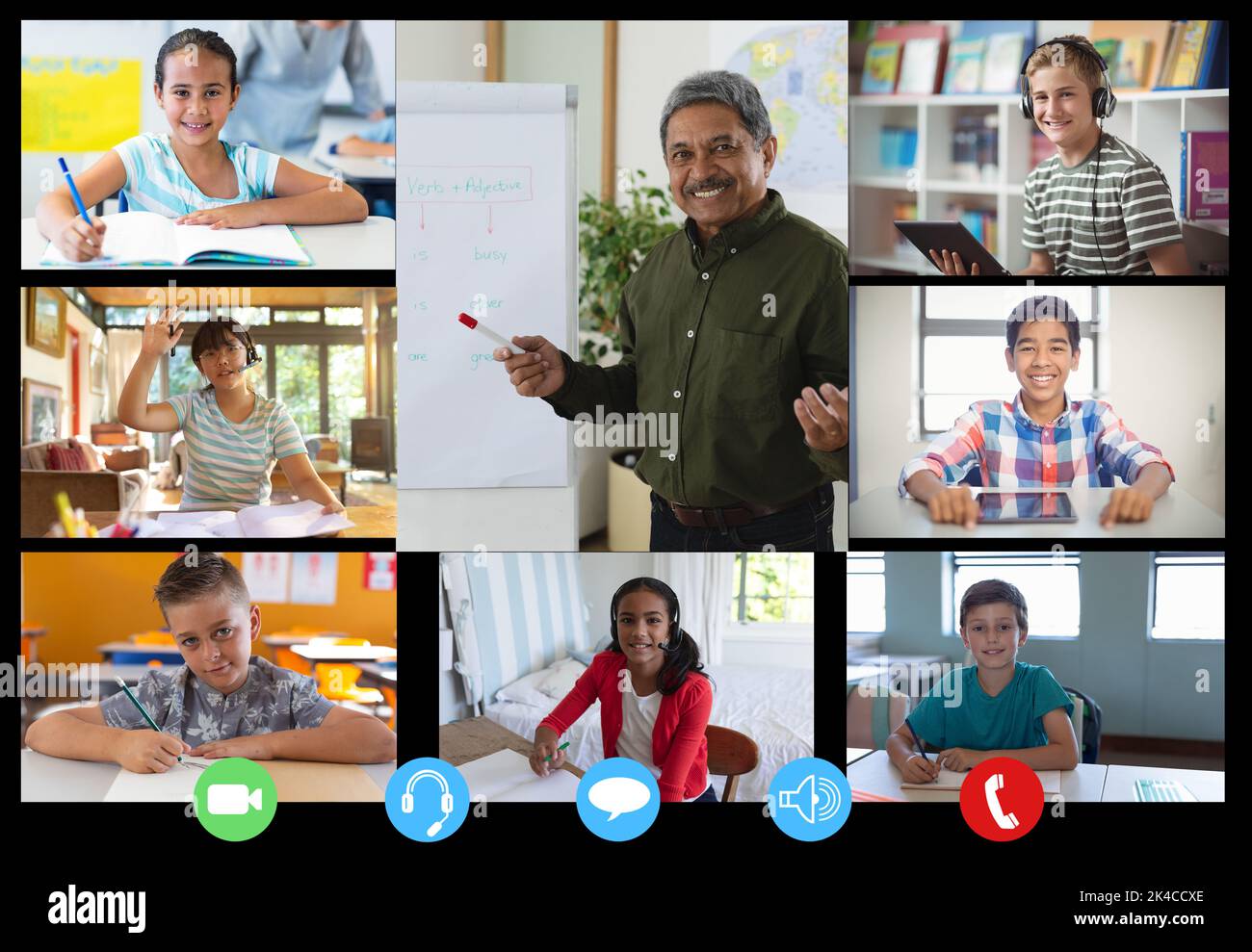 Video call interface with diverse male teacher and schoolchildren on ...