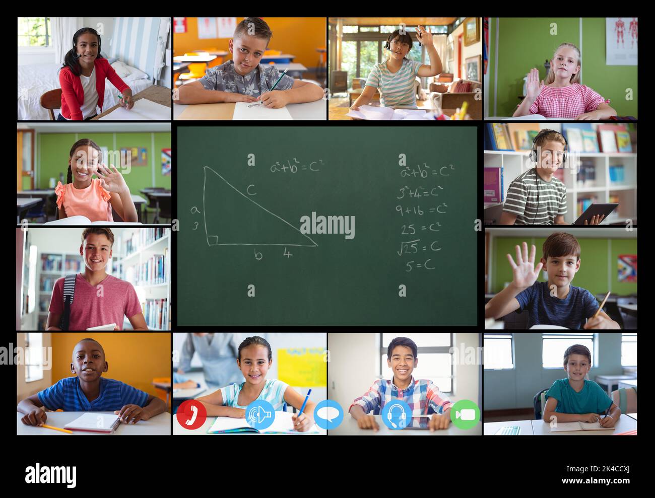 Video call interface with schoolchildren on screen. communication ...