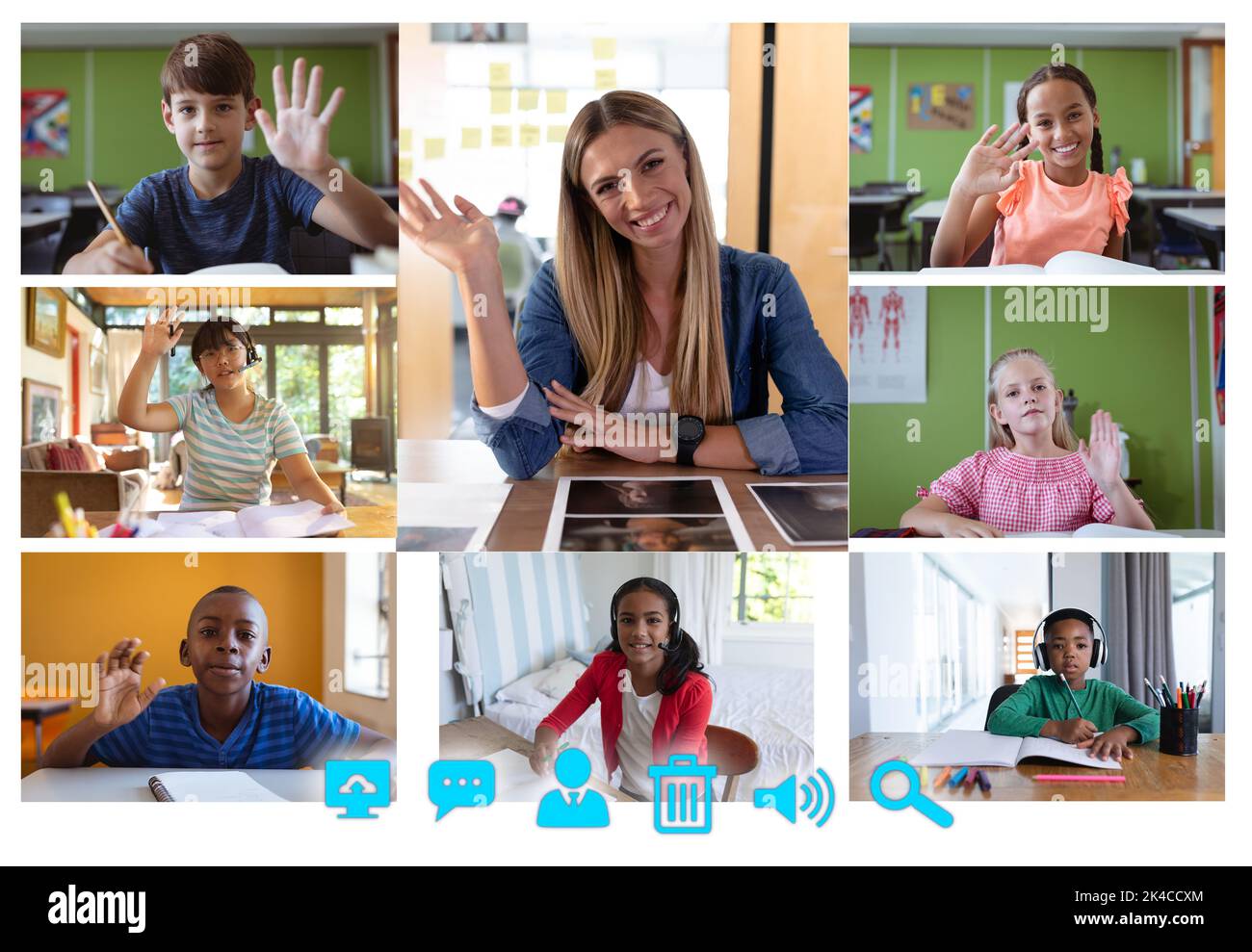 Video call interface with caucasian female teacher and schoolchildren ...