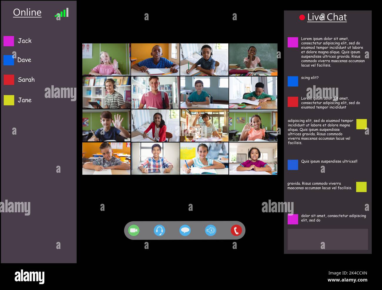 Video call interface with schoolchildren on screen. communication ...
