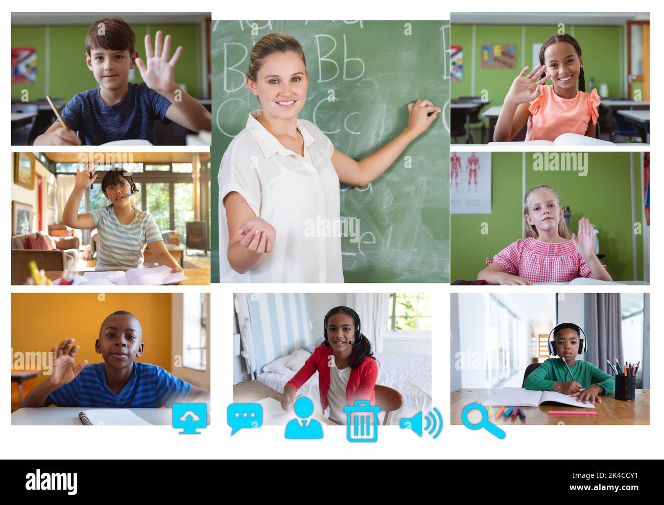 Video call interface with caucasian female teacher and schoolchildren ...