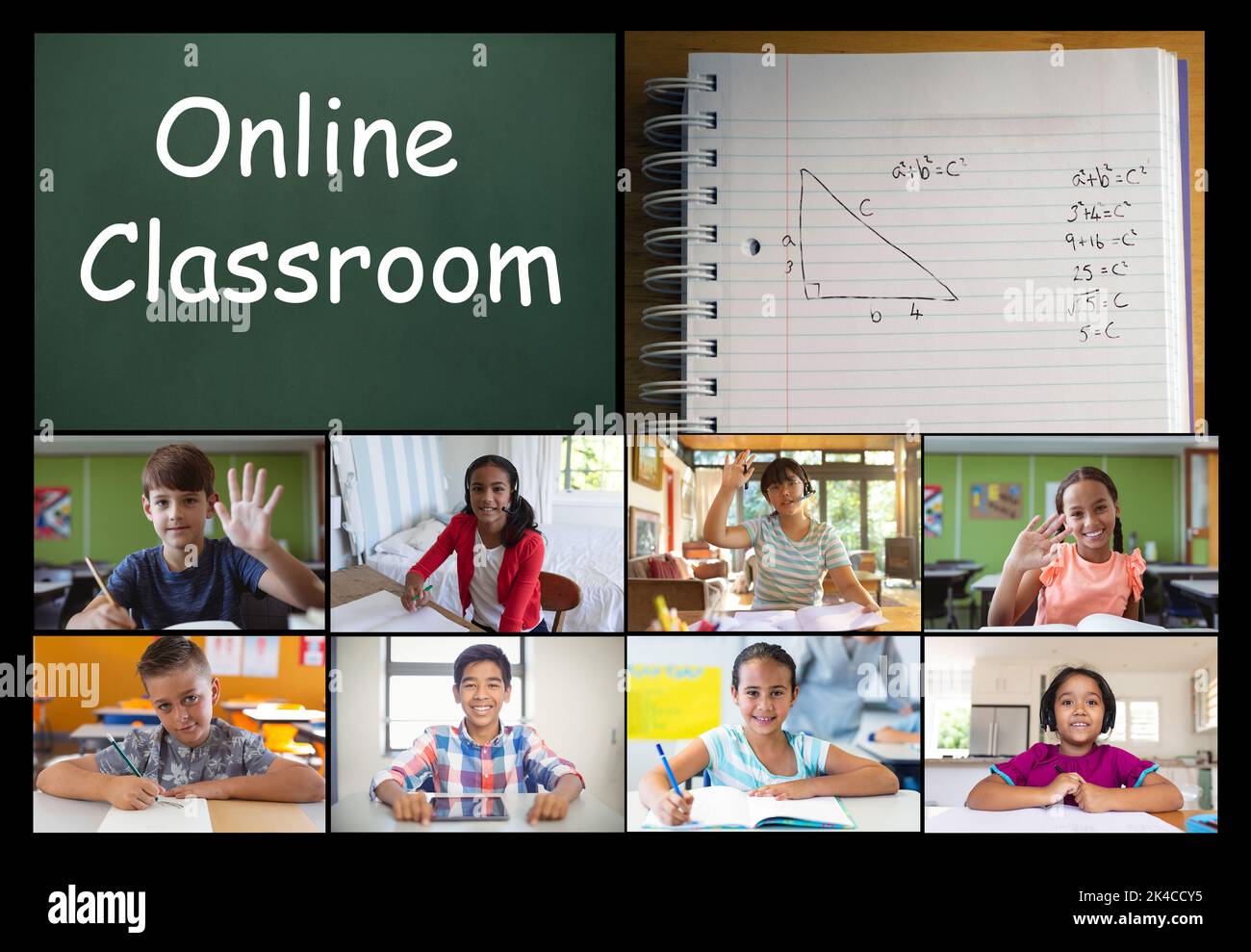 Video call interface with schoolchildren on screen. communication ...