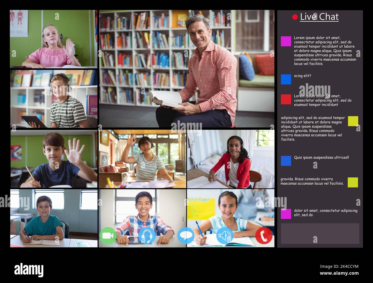 Video call interface with caucasian male teacher and schoolchildren on ...