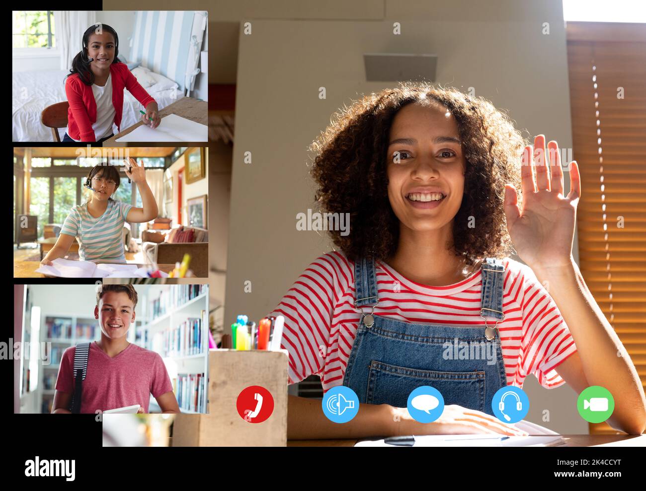 Video call interface with diverse female teacher and schoolchildren on ...
