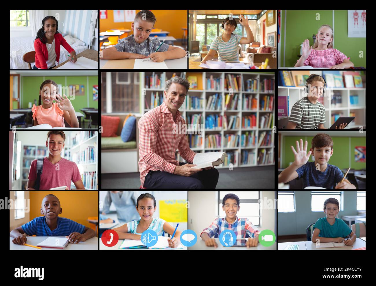 Video call interface with caucasian male teacher and schoolchildren on ...