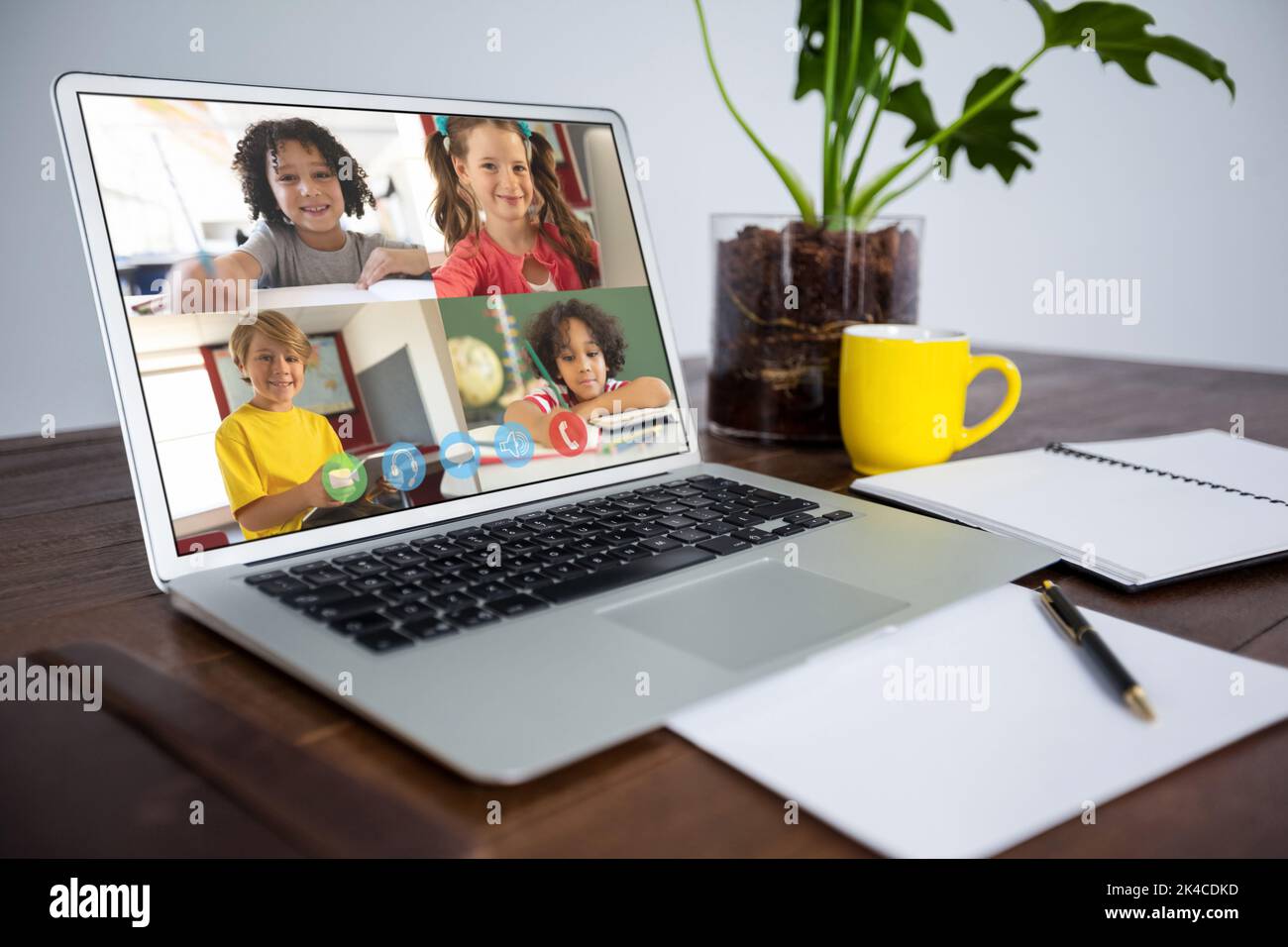 Webcam view of group of students on video conference on laptop on ...