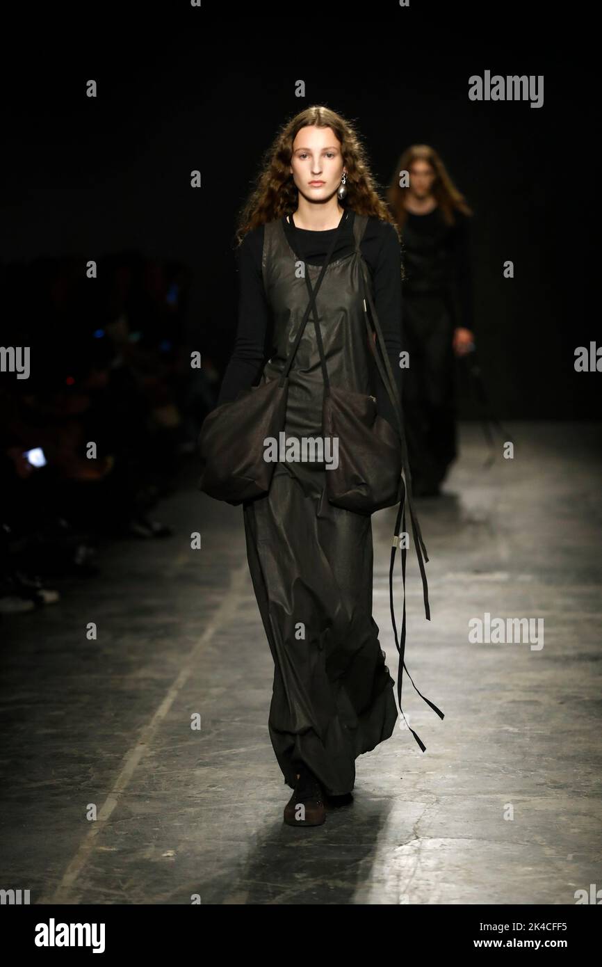 Model Stinne Trappeniers walks on the runway at the Ann Demeulemeester ...