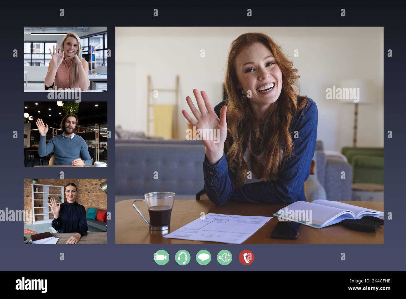 Caucasian businesswomen and businessman displayed on computer screen ...