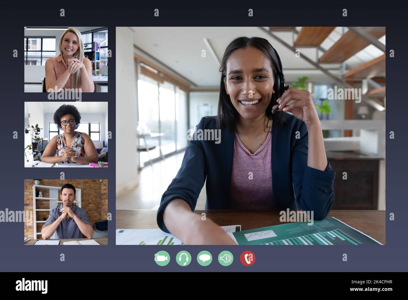Diverse businesswomen and businessman displayed on computer screen ...