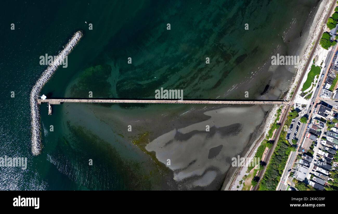 An aerial view of the Longest Pier in Canada in White Rock, BC, Canada ...