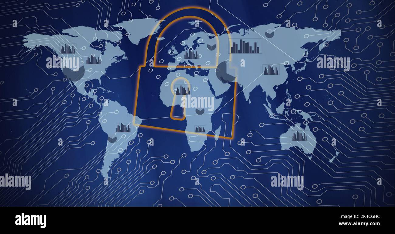 Composition of security padlock, world map over computer circuit board ...