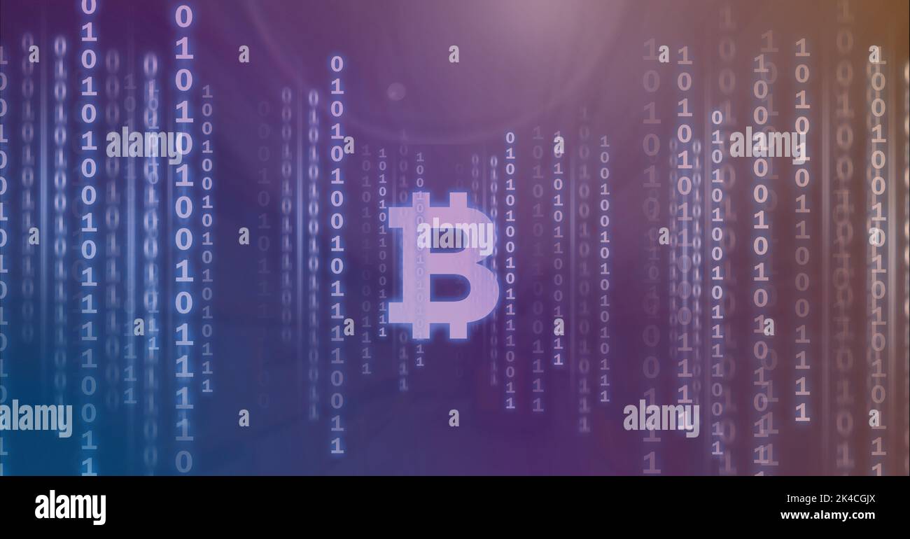 Composition of bitcoin symbol and binary coding processing on purple background. global ...