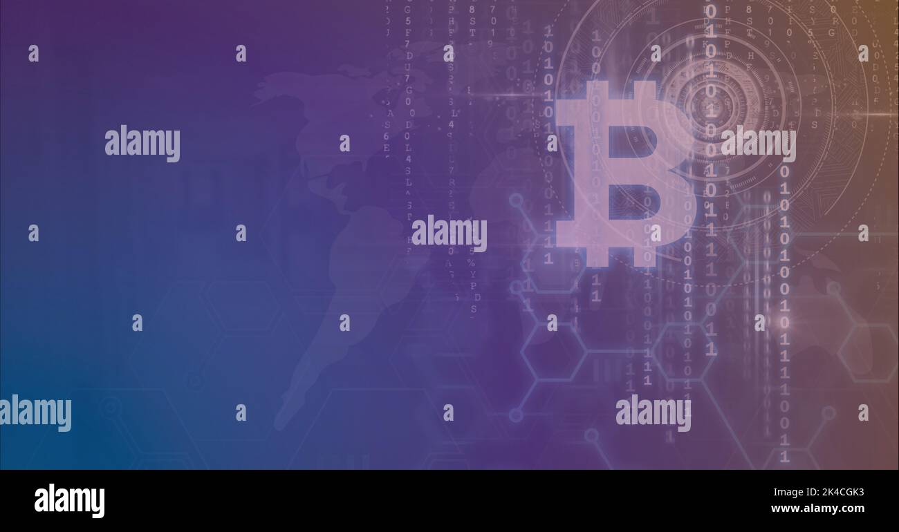 Composition of bitcoin symbol, binary coding processing on world map background. global ...