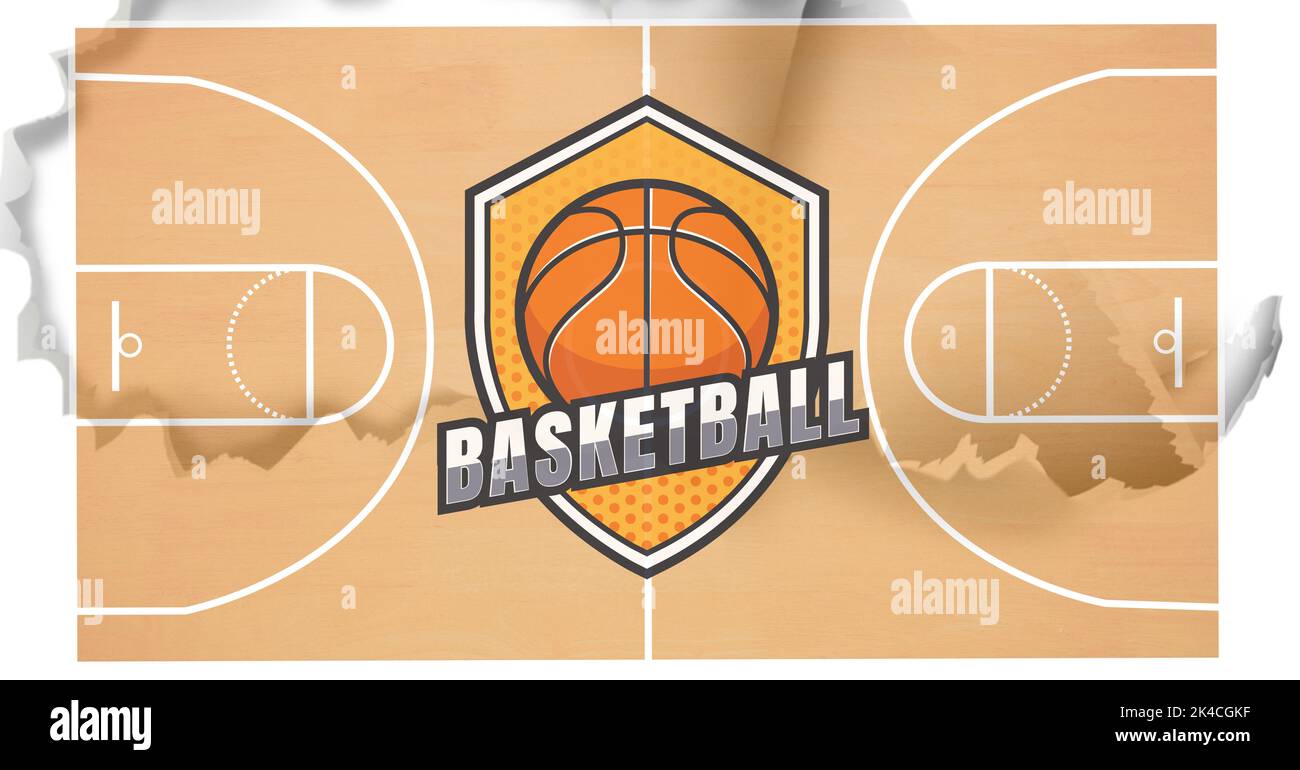 Composition of basketball sign with basketball over basketball court ...