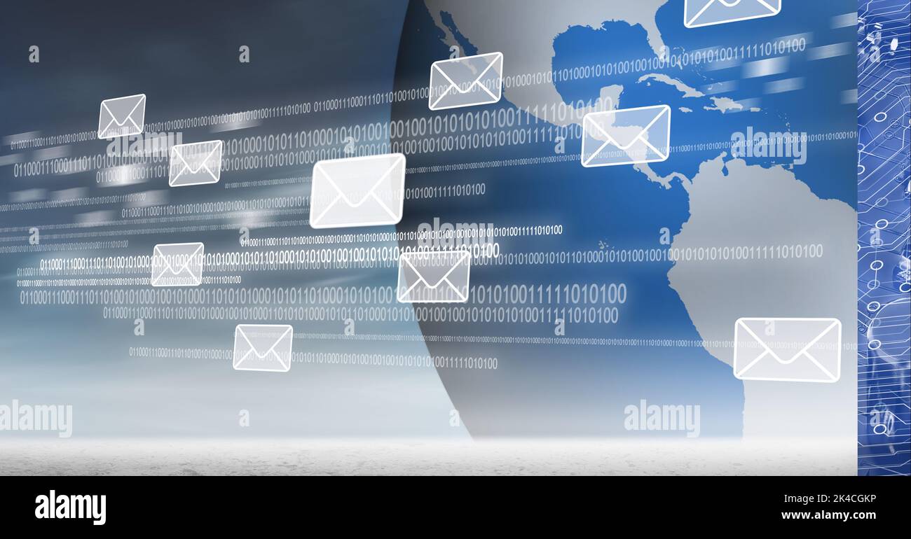Composition of digital mail icons and binary coding over globe and ...