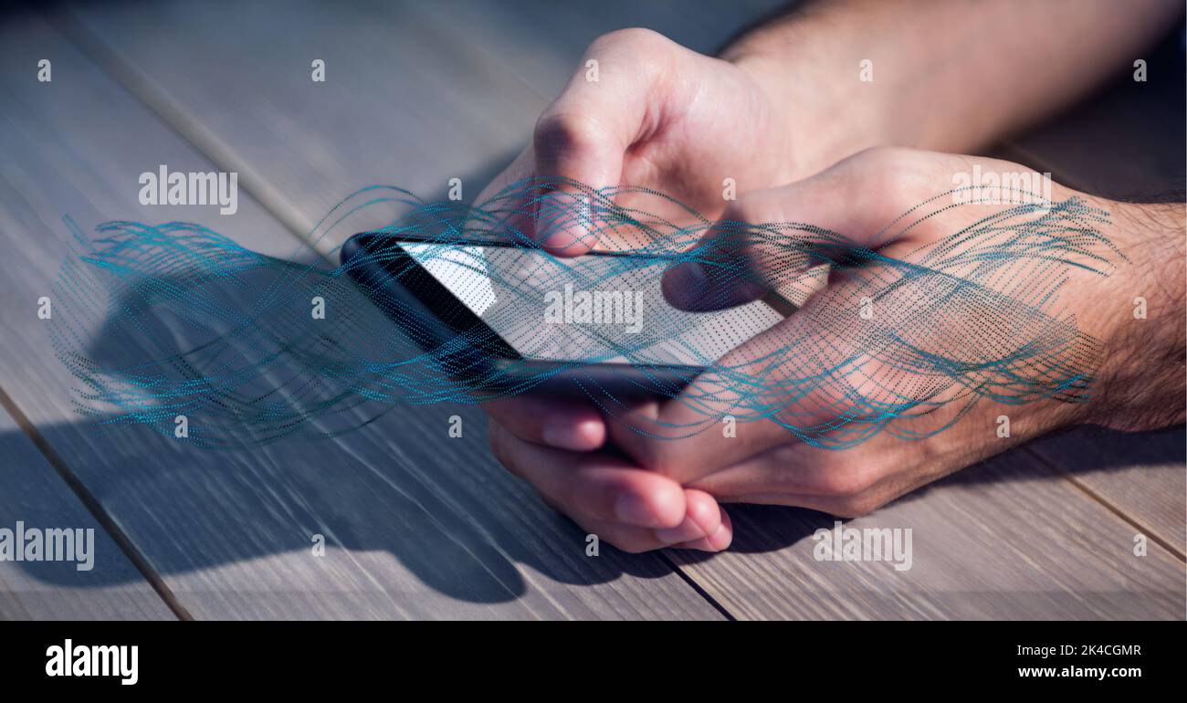 Composition of dna strand over person using smartphone with blank ...