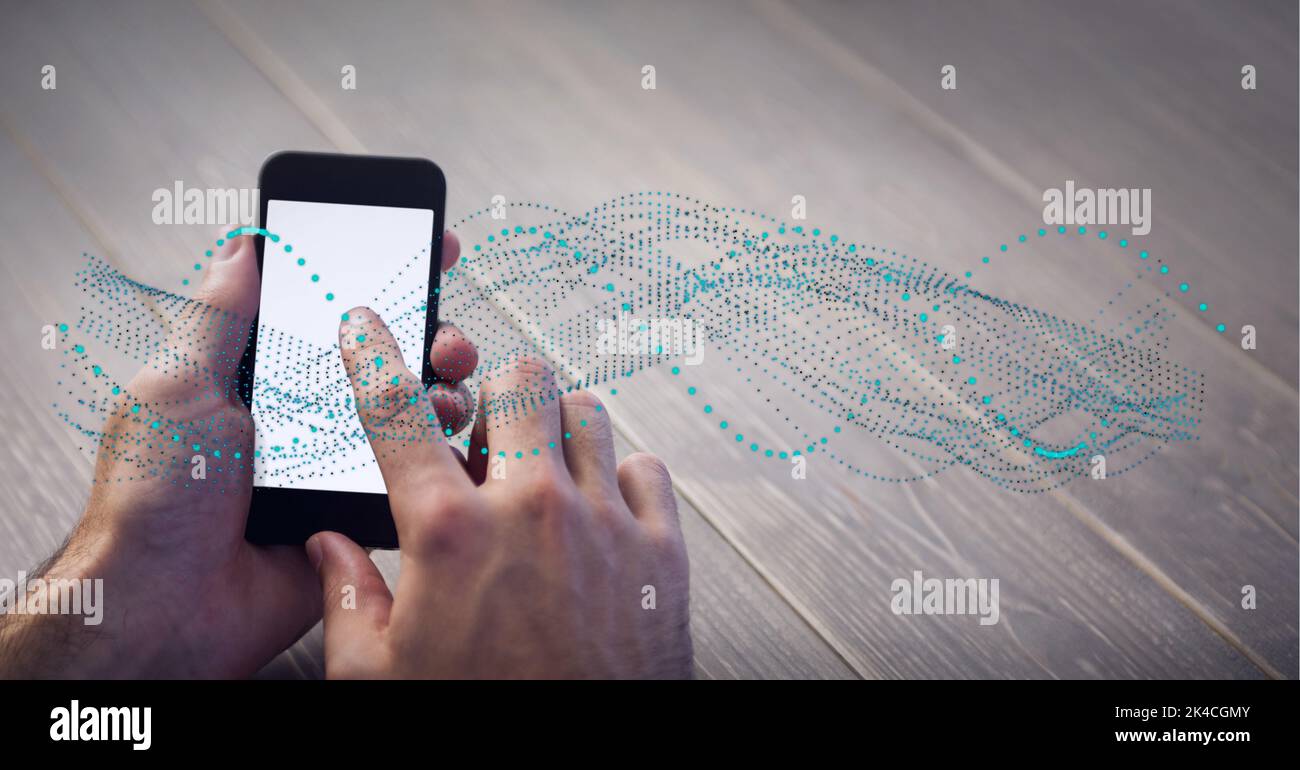 Composition of dna strand over person using smartphone with blank ...