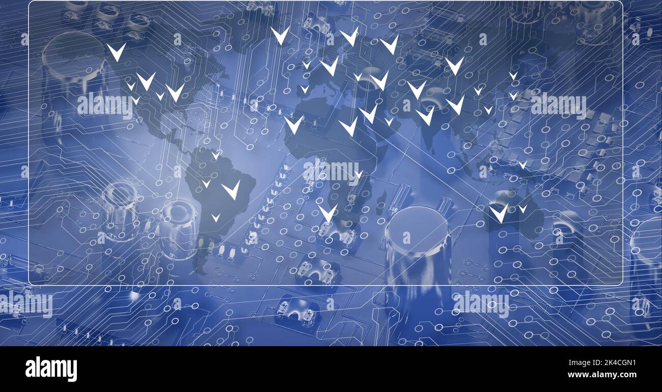 Composition of digital arrows and world map over computer circuit board ...