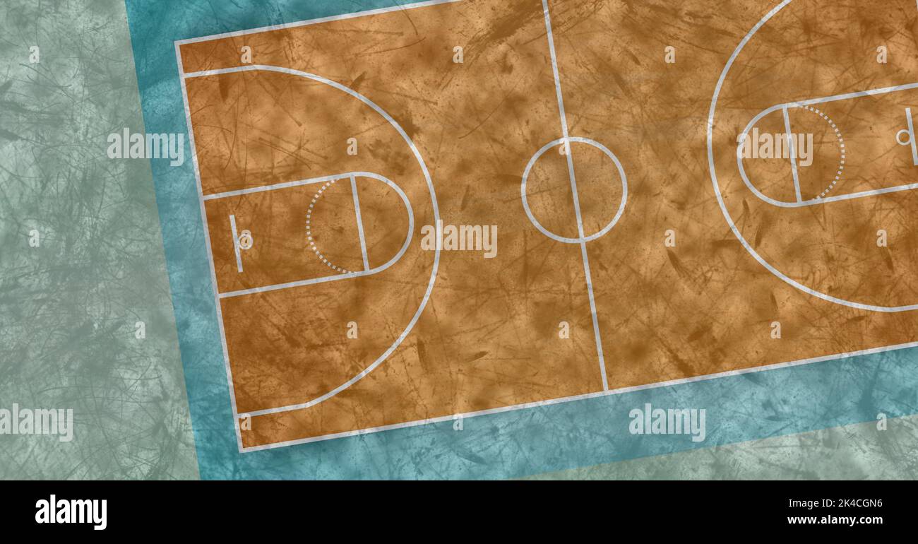 Composition of brown and blue basketball court overhead view over ...