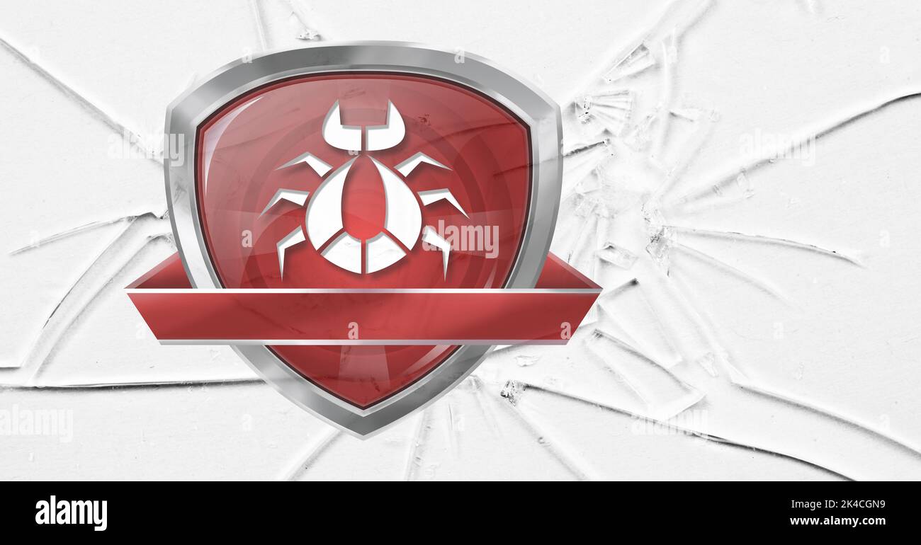 Composition of white beetle logo design in red shield on broken glass ...