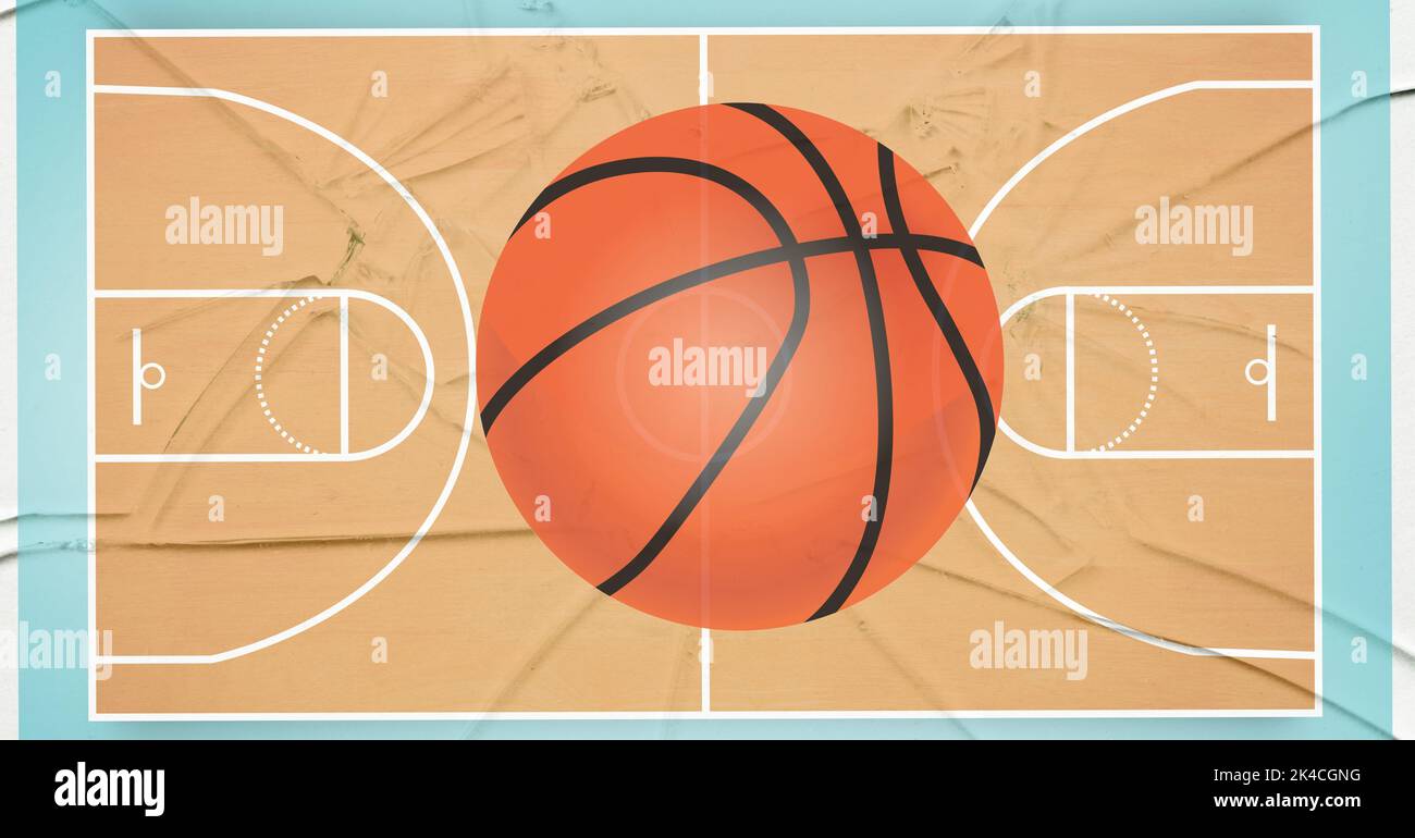 Composition of basketball over basketball court distressed background ...