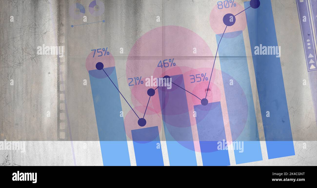 Composition of blue bar and line graph charts with percentages in pink ...