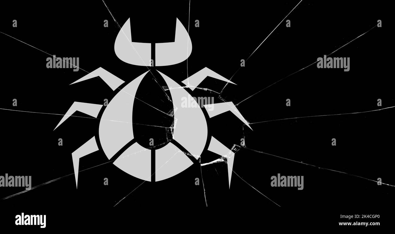 Composition of white beetle logo design on broken glass and black. team ...