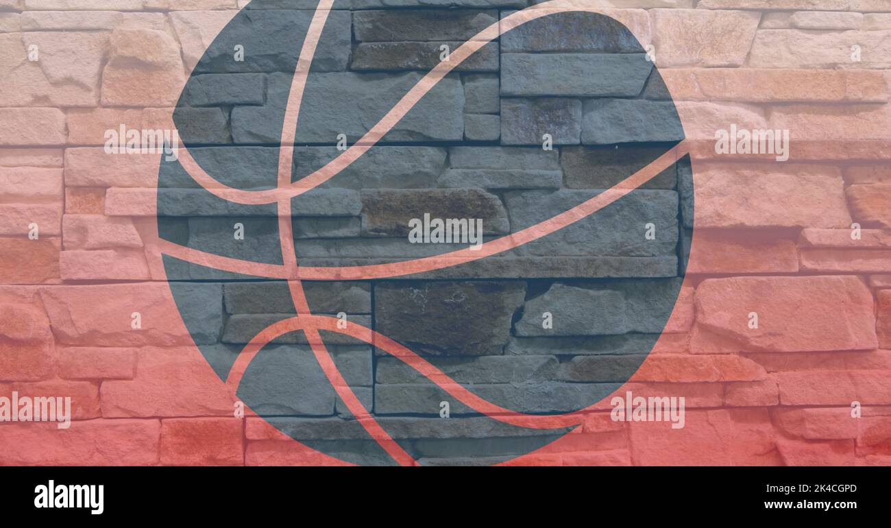 Composition of black basketball ball stencil design over textured red ...