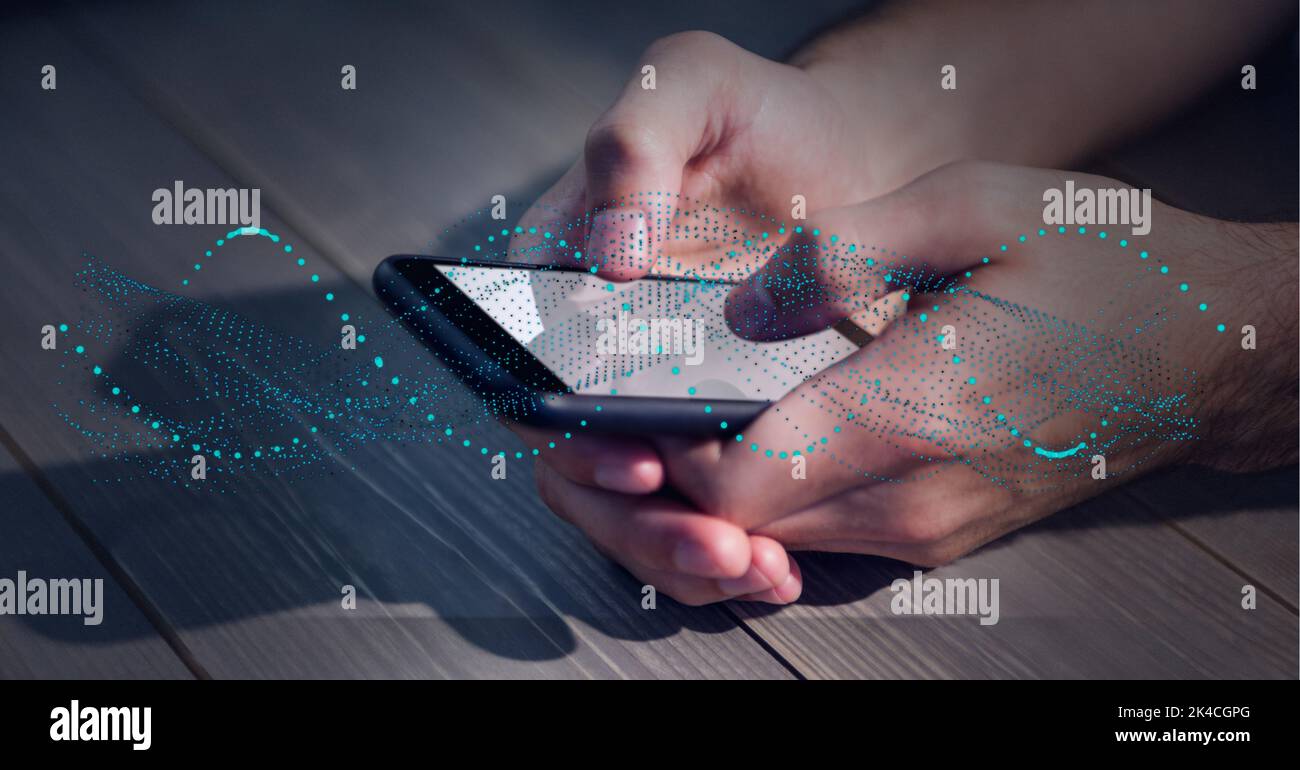 Composition of dna strand over person using smartphone with blank ...
