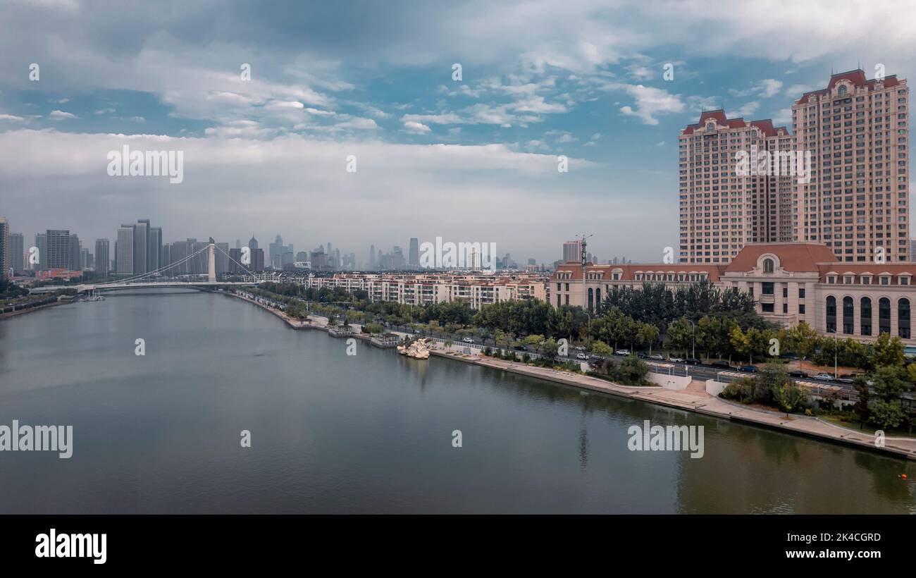 Aerial photos of Haijin Bridge and Fumin Bridge along the Haihe River ...