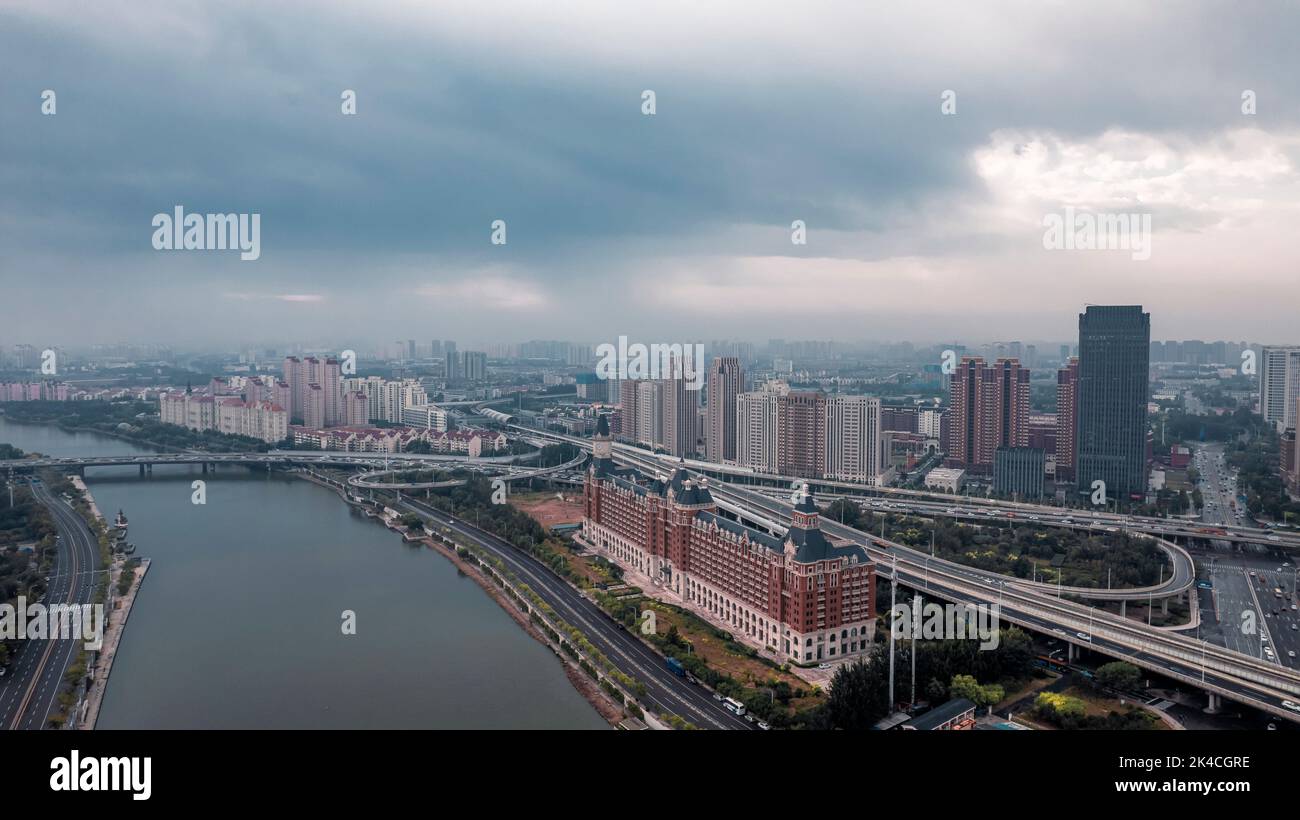 Aerial photos of Haijin Bridge and Fumin Bridge along the Haihe River ...