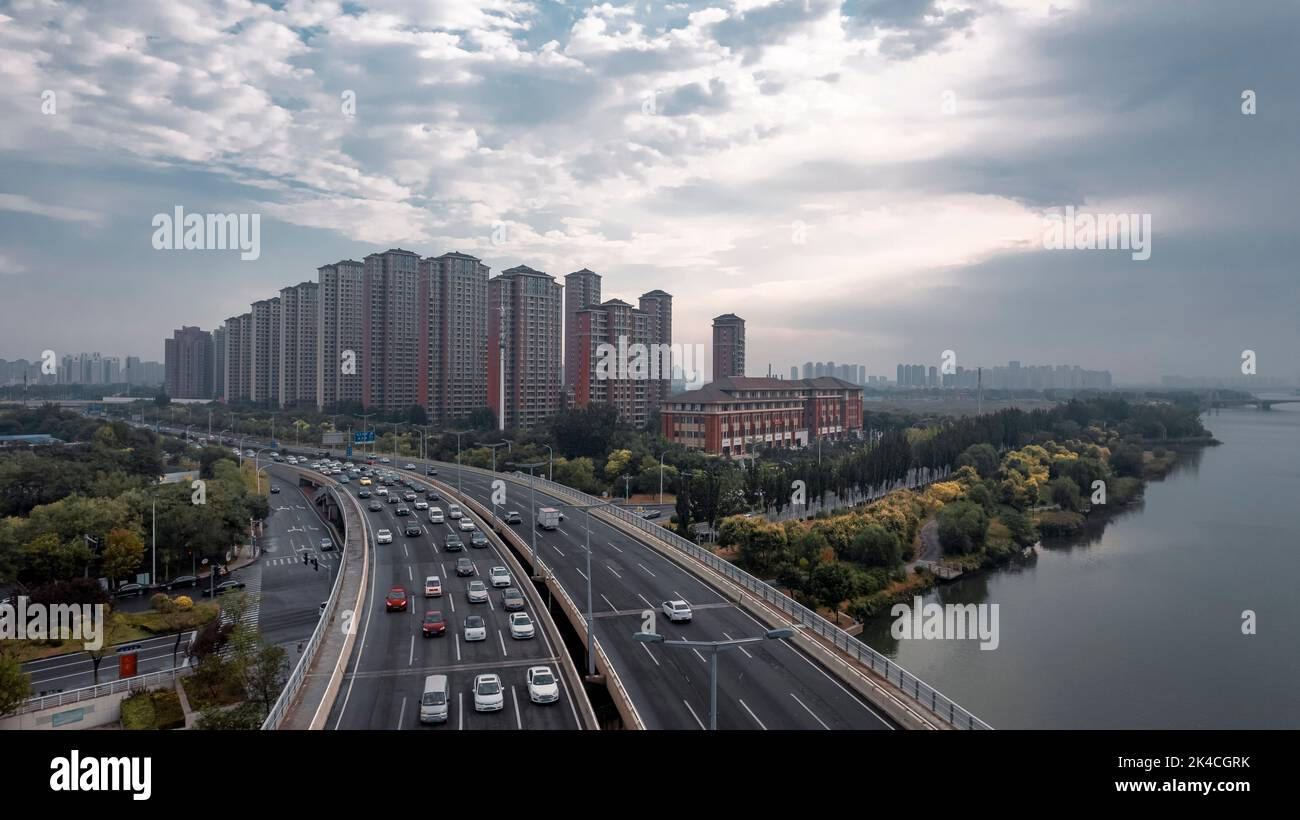 Aerial photos of Haijin Bridge and Fumin Bridge along the Haihe River ...