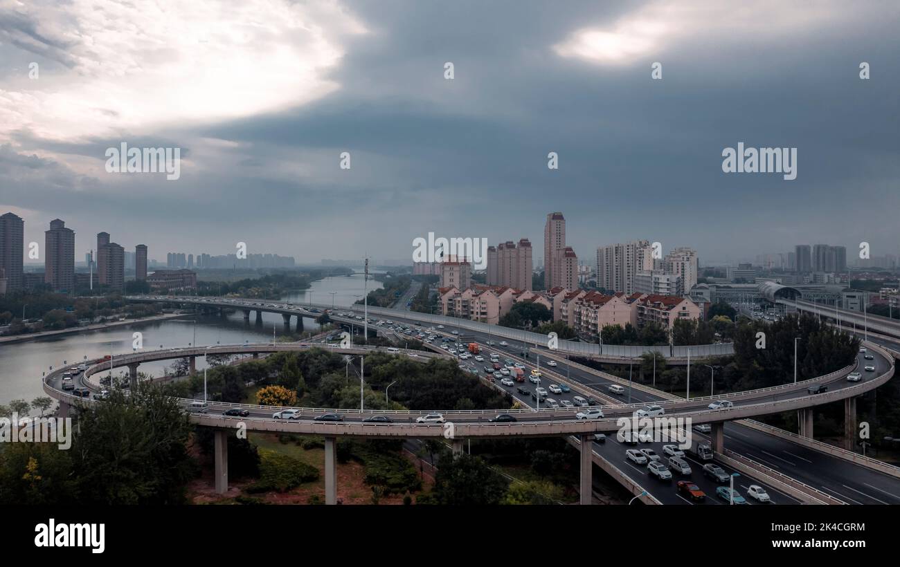 Aerial photos of Haijin Bridge and Fumin Bridge along the Haihe River ...