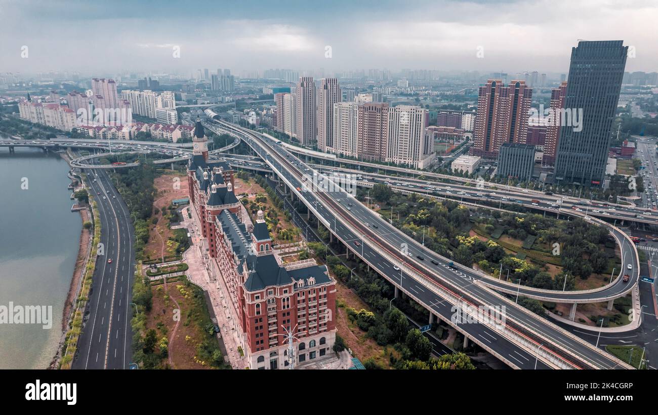 Aerial photos of Haijin Bridge and Fumin Bridge along the Haihe River ...