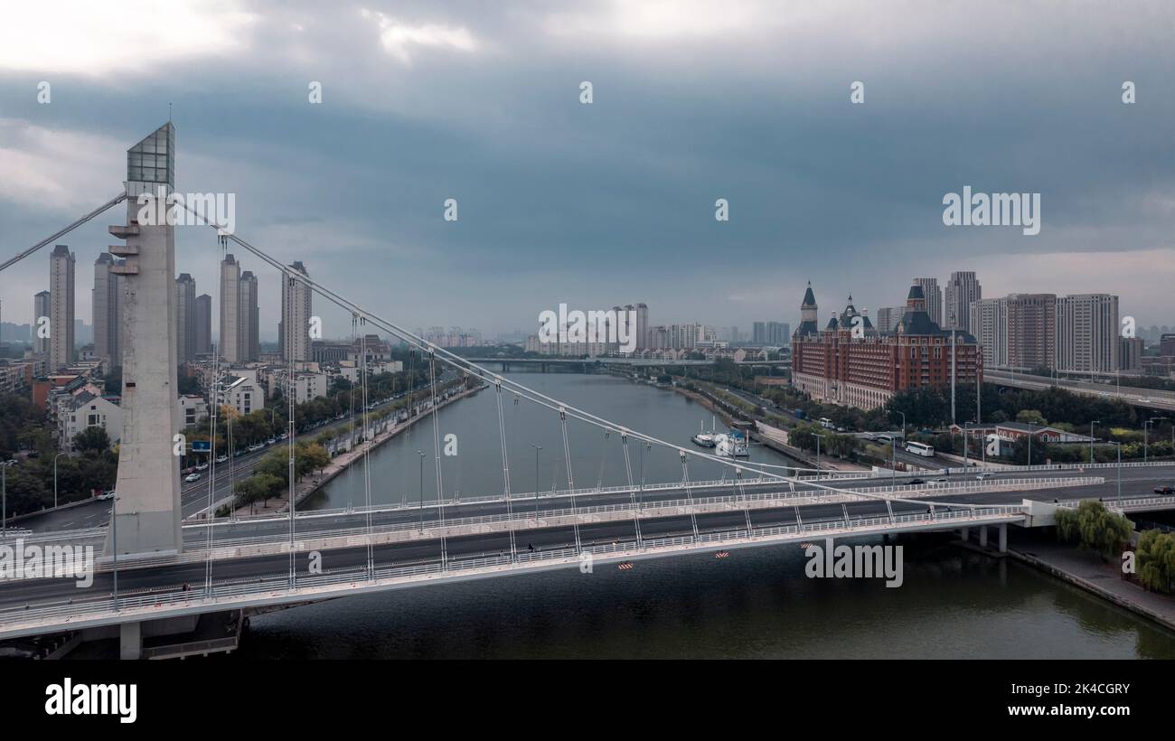Aerial photos of Haijin Bridge and Fumin Bridge along the Haihe River ...