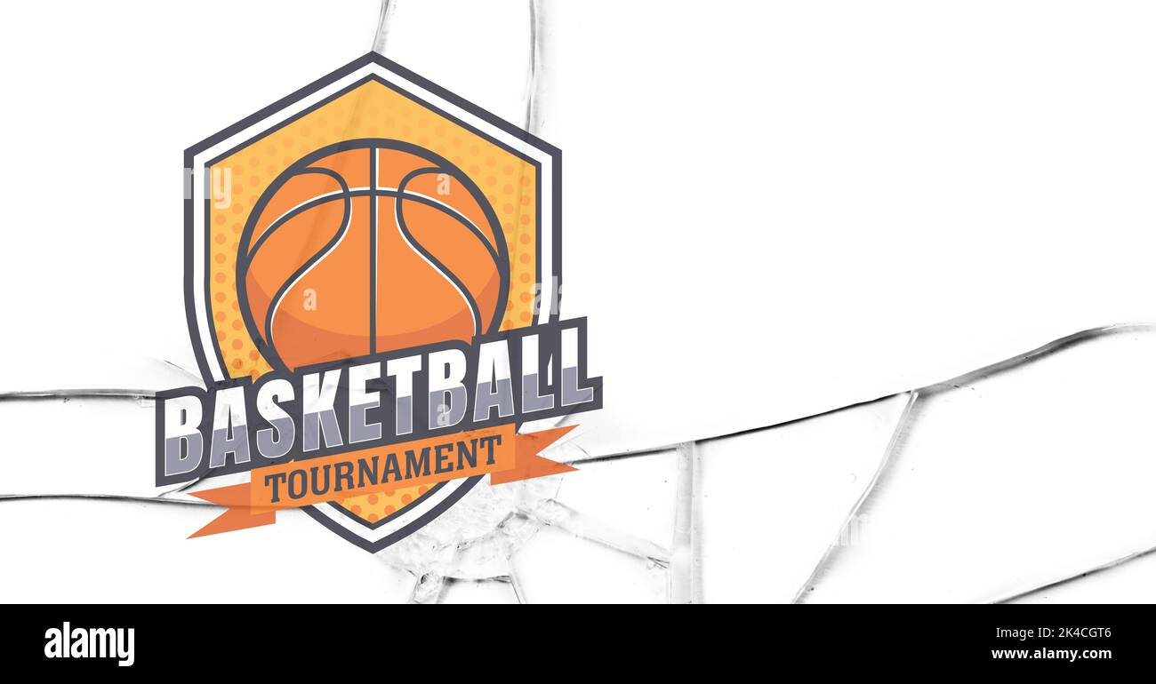 Composition of orange and white basketball tournament shield design, on ...
