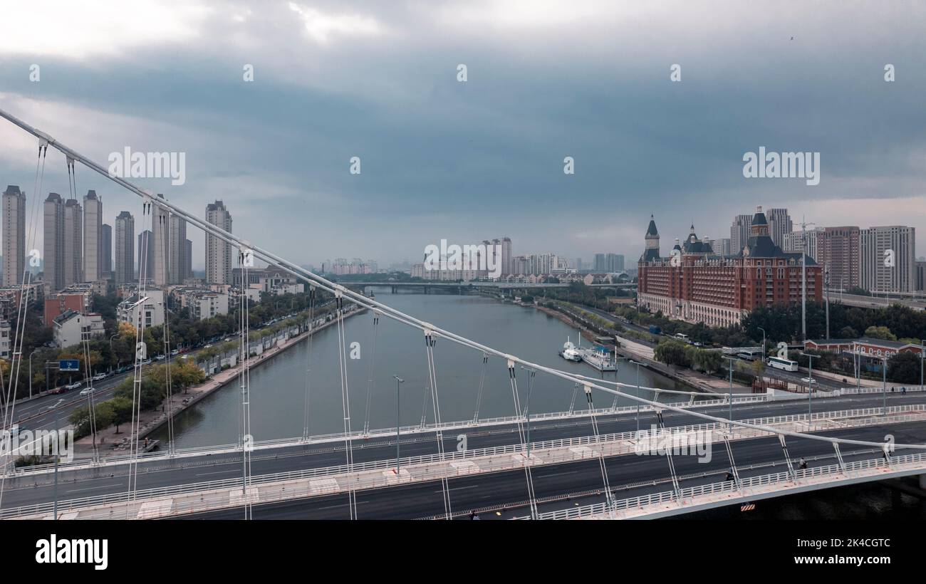 Aerial photos of Haijin Bridge and Fumin Bridge along the Haihe River ...