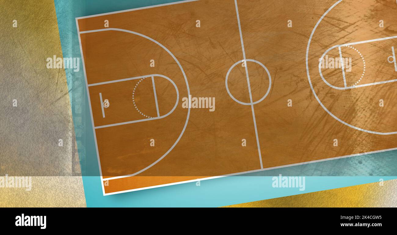 Composition of brown and blue basketball court overhead view over ...