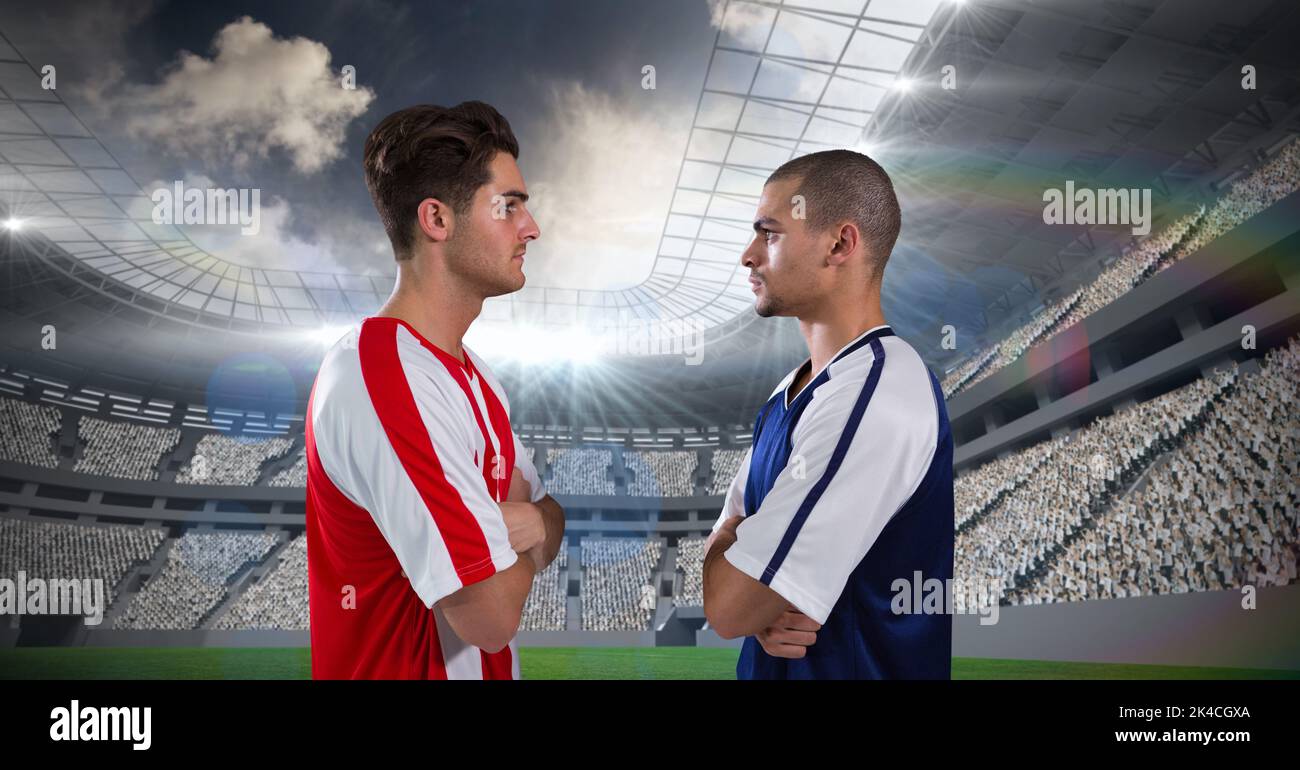 Composition of two male football players crossing arms over sports ...