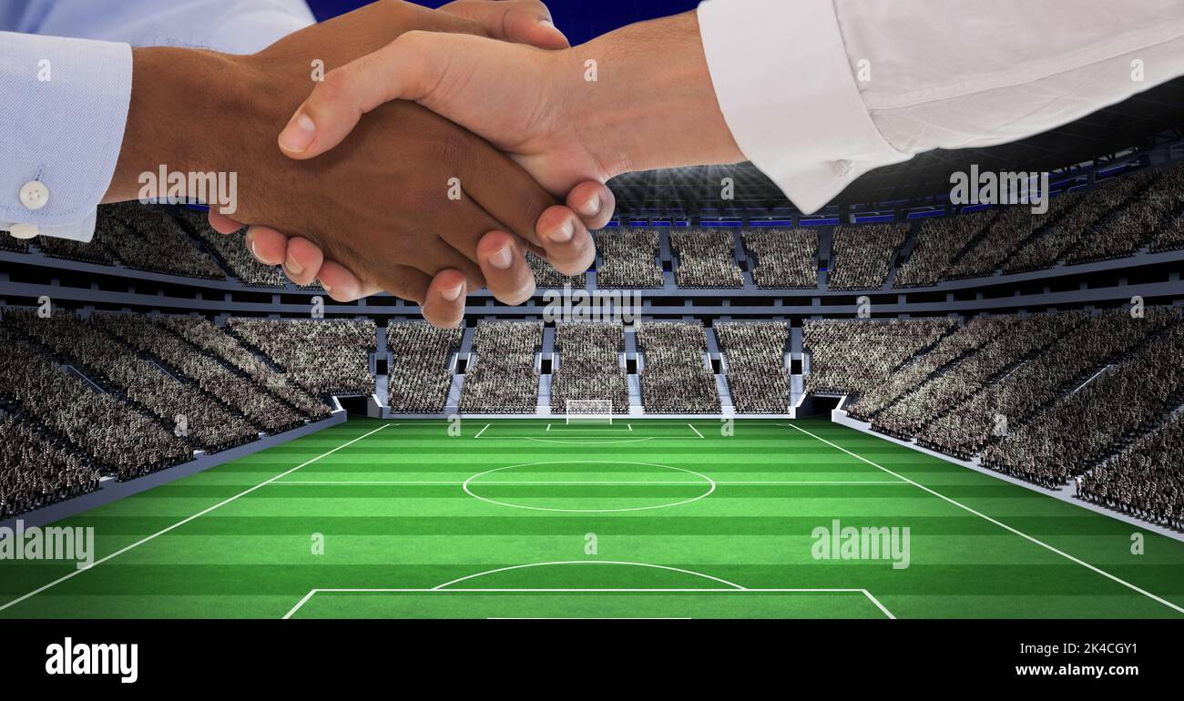 Composition of businessman and businesswoman shaking hands over sports ...