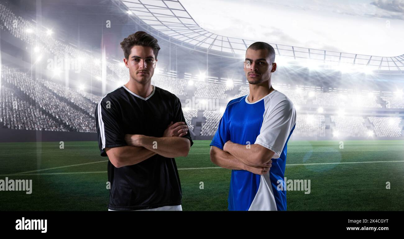Composition of two male football players crossing arms over sports ...