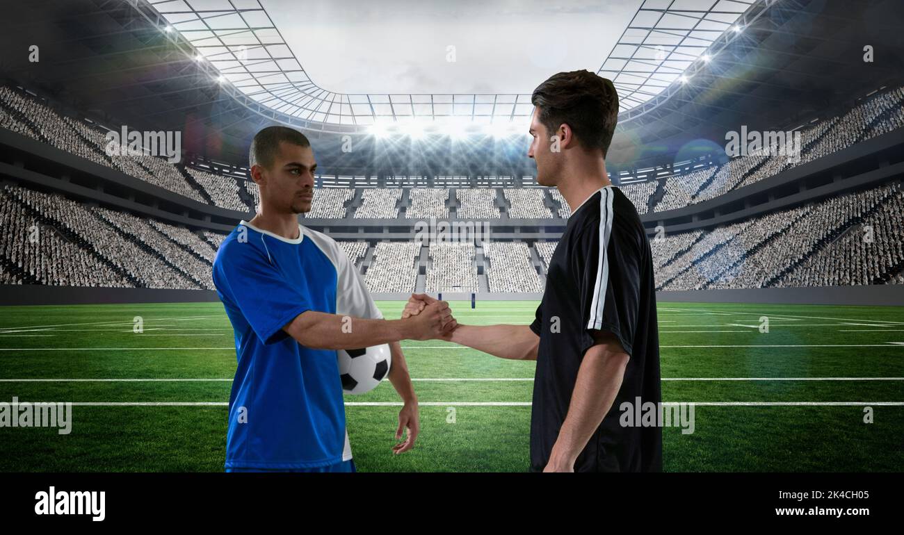 Composition of two male football players shaking hands over sports ...