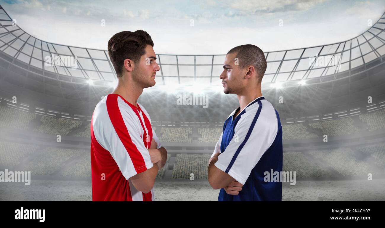 Composition of two male football players crossing arms over sports ...