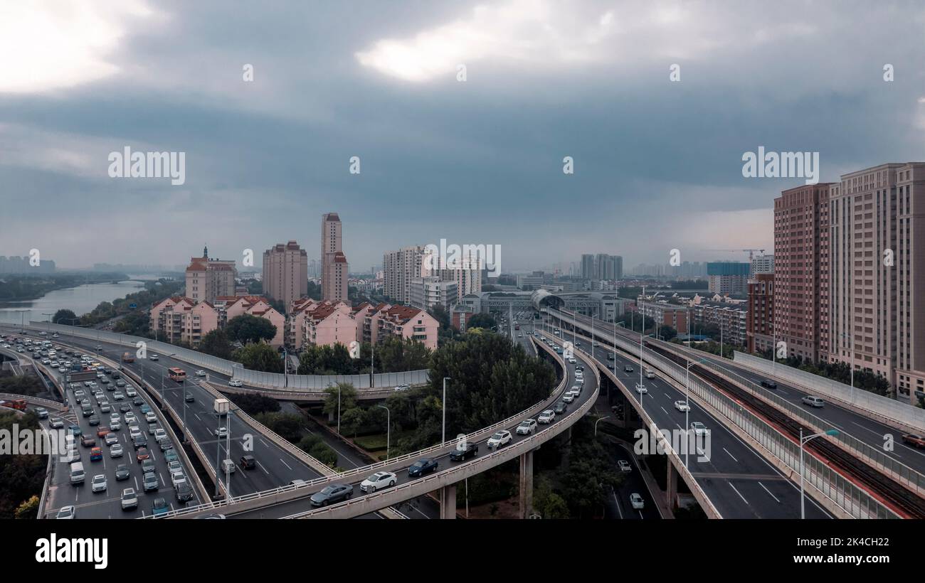Aerial photos of Haijin Bridge and Fumin Bridge along the Haihe River ...