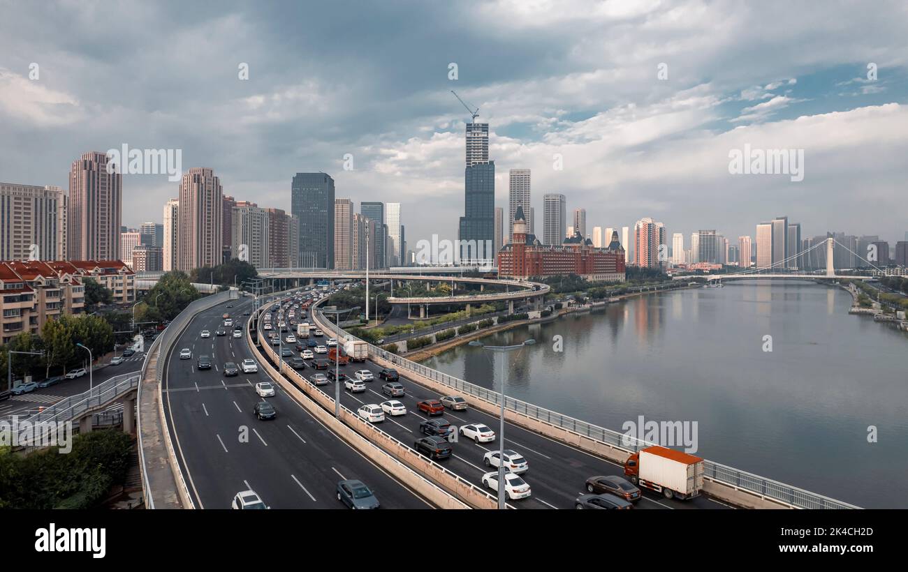 Aerial photos of Haijin Bridge and Fumin Bridge along the Haihe River ...