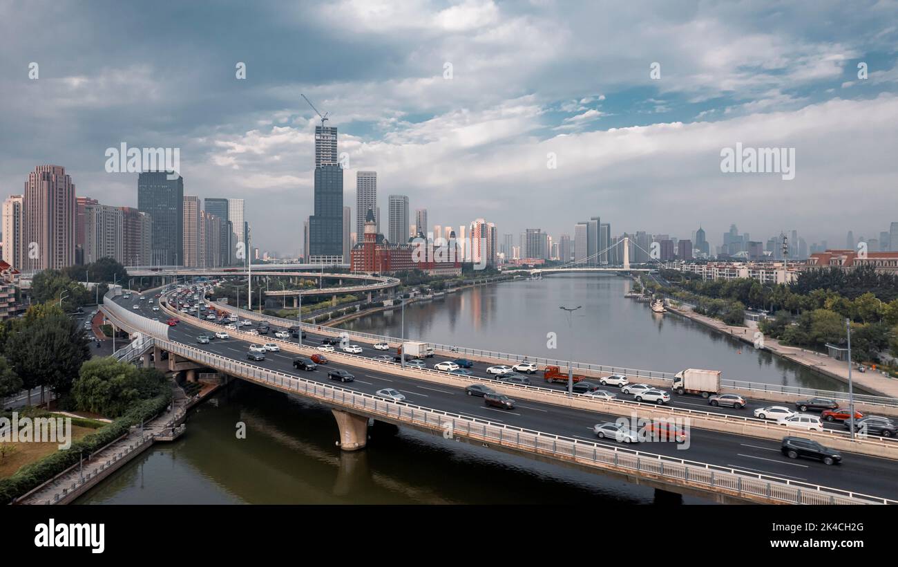 Aerial photos of Haijin Bridge and Fumin Bridge along the Haihe River ...