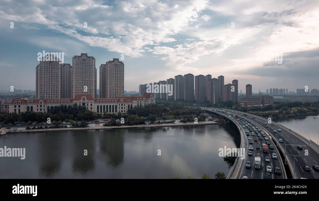 Aerial photos of Haijin Bridge and Fumin Bridge along the Haihe River ...