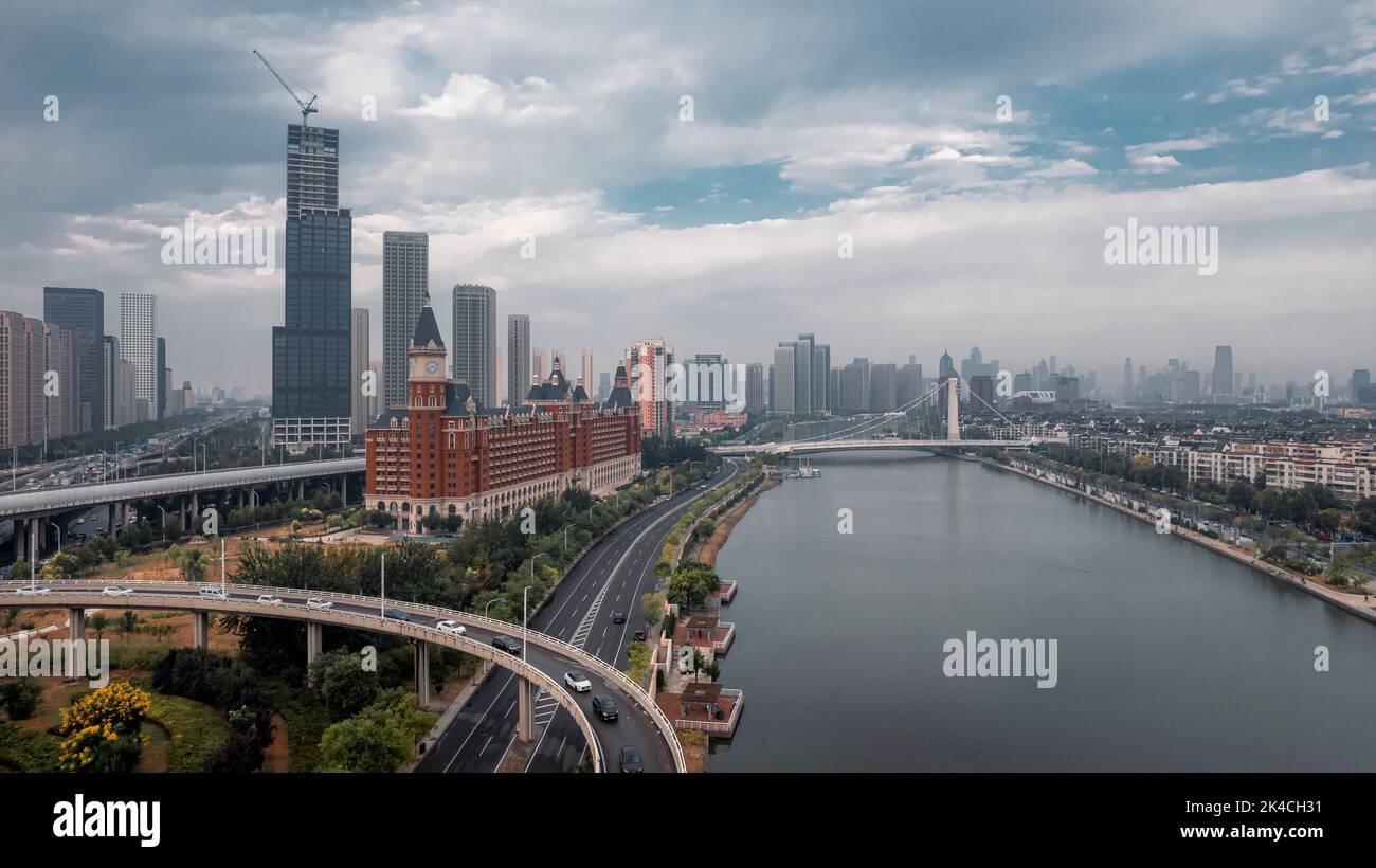 Aerial photos of Haijin Bridge and Fumin Bridge along the Haihe River ...